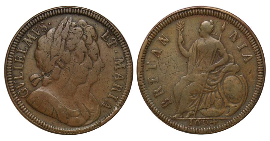 William and Mary 1694 proof Halfpenny on a broader flan | European Coins
