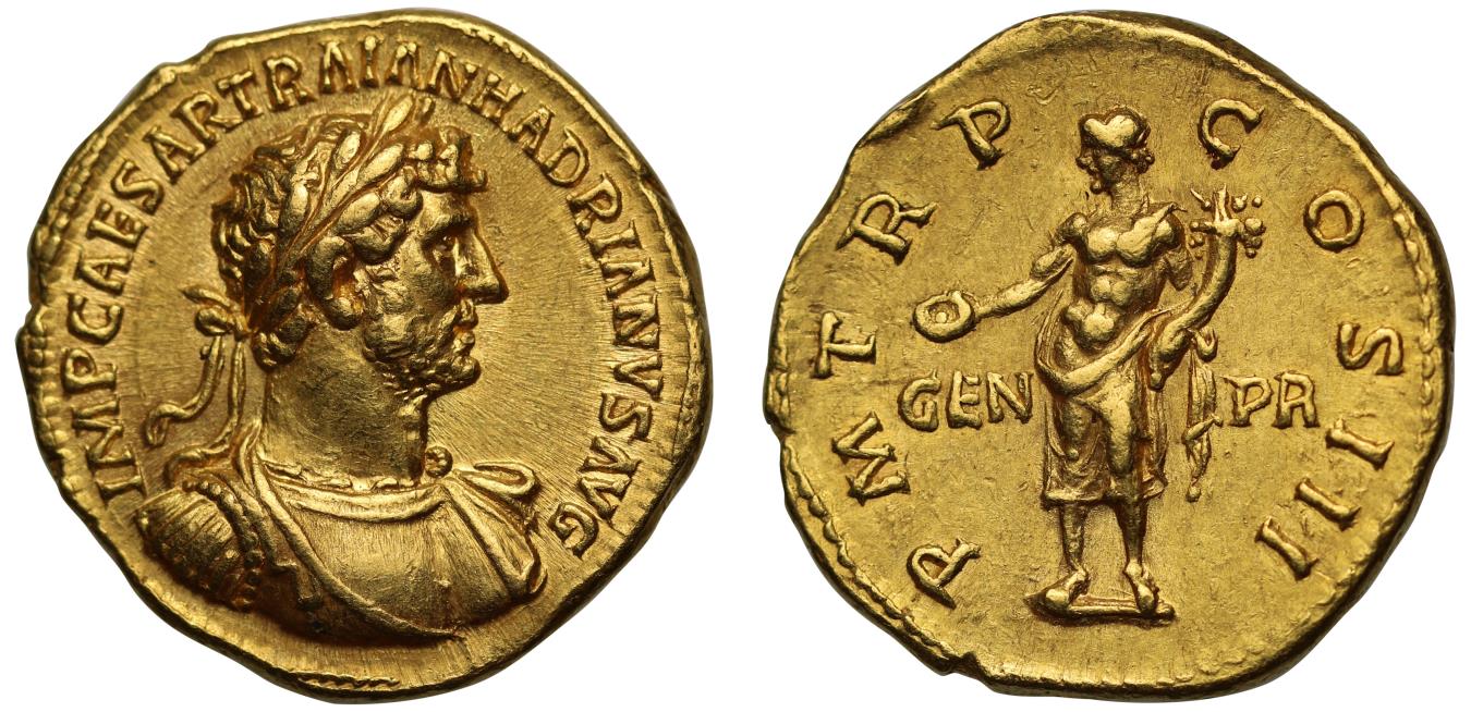 Hadrian, gold Aureus, Genius, AU, 5/5, 5/5, fine style. | Roman ...