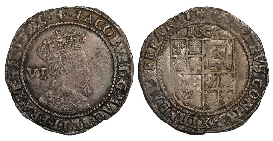 James I 1605 Sixpence, second coinage, third bust, year of the ...