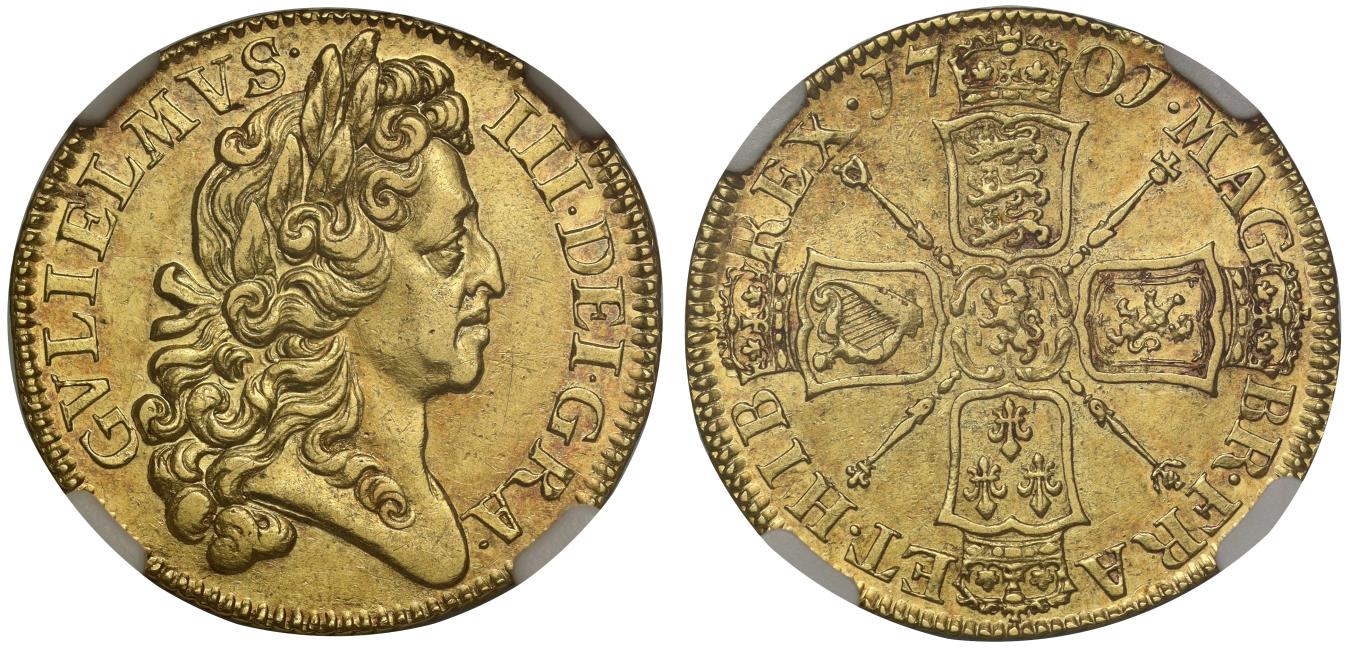 William III 1701 'Fine work' Guinea, Rarest issue of date, NGC AU55