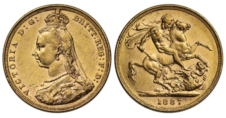 Victoria 1887 M Sovereign, Jubilee type, Melbourne, hooked JEB DISH M1 R5