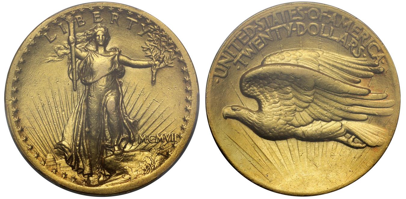 USA, 1907 gold $20 High Relief, Flat Rim XF40 | Dollars
