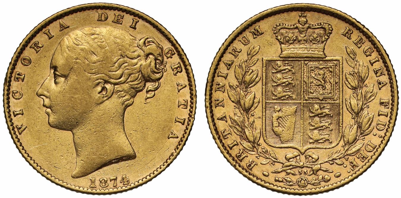 Victoria 1874 Sovereign, shield reverse, die number 33, XF45 | European ...