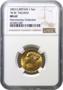 Victoria 1853 Sovereign W.W. incuse on truncation NGC MS62 - joint 3rd ...