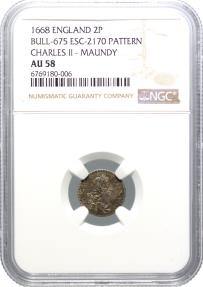 Charles II 1668 Pattern silver Twopence, NGC AU58 | European Coins