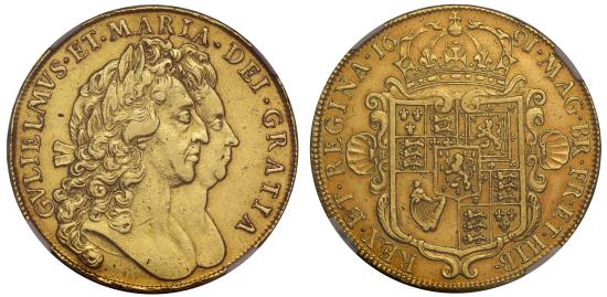 William and Mary 1691 Five-Guineas, NGC XF45 | European Coins