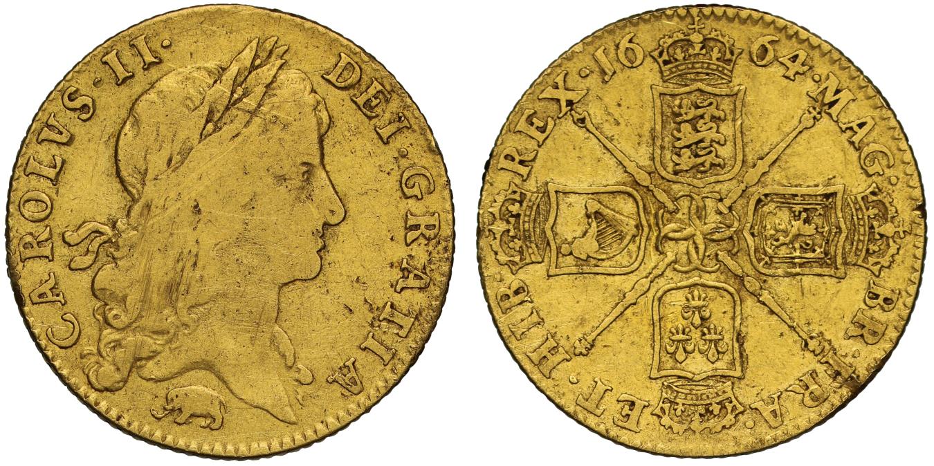 Charles II 1664 Guinea elephant below, second bust | European Coins