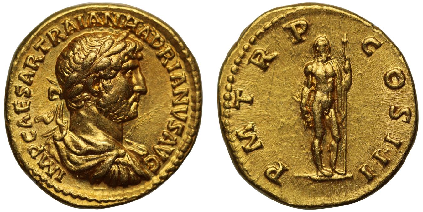 Hadrian, gold Aureus, Jupiter, Ch XF, 5/5, 4/5. | Roman Imperial Coins