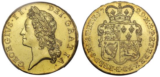 George II 1729 Five-Guineas young head MS62 | European Coins