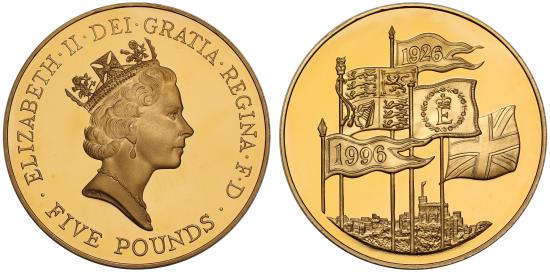 Elizabeth II 1996 proof Five-Pounds 70th birthday | European Coins