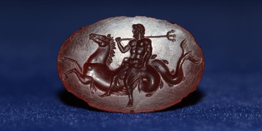 Roman Intaglio of Neptune Driving Hippocamps, Red carnelian intaglio ...