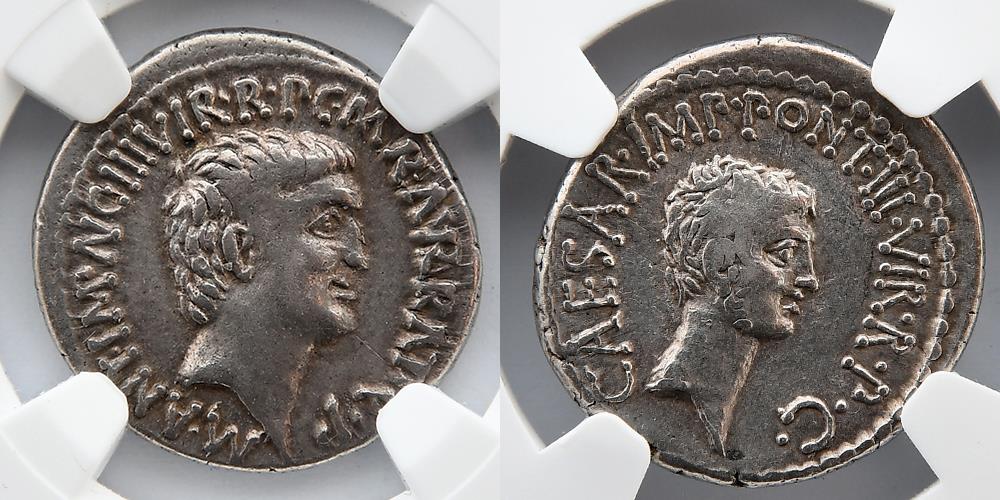 IMPERATORIAL: Marc Antony and Octavian, 41 BC, AR Denarius (3.80g), NGC ...