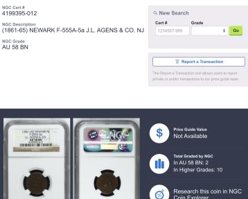 CIVIL WAR TOKEN: (1861-65) Newark NJ, JL Agens and CO., NGC AU 58 BN, F ...