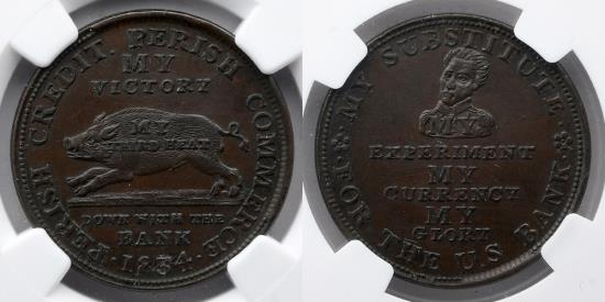 CIVIL WAR TOKEN: 1834 Running Boar, NGC MS 62 BN, HT9 | Tokens & Medals