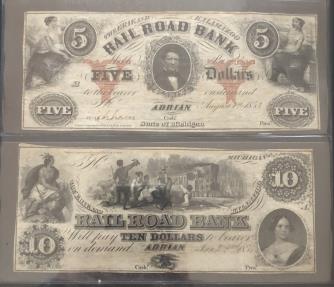 PAPER CURRENCY: Five Michigan Railroad Bank Notes, Framed In Protective ...