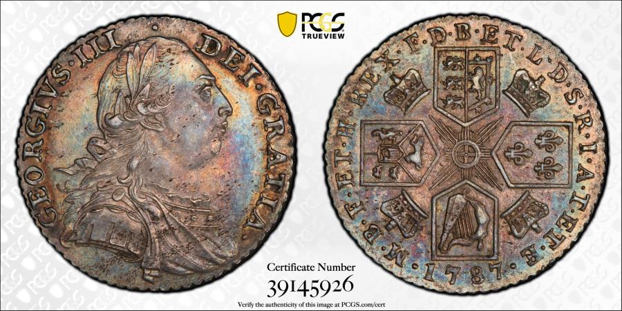 GREAT BRITAIN, ENGLAND: 1787 George III Shilling, PCGS AU 58, S-3743 ...