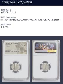 GREEK: Lucania, Metapontum, c. 470-440 BC, AR Stater (18mm), NGC Choice VF