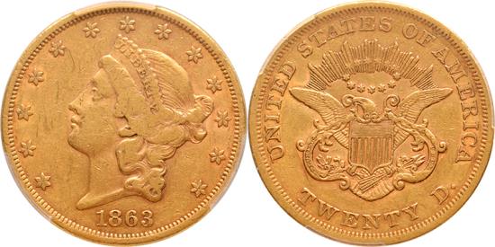 20 dollars Double Eagle – Liberty Head gold 1863 USA PCGS XF 40