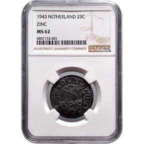 25 cent zink 1943 Wilhelmina NGC MS 62 | European Coins