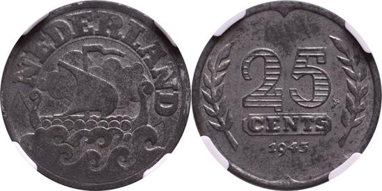 25 cent zink 1943 Wilhelmina NGC MS 62 | European Coins