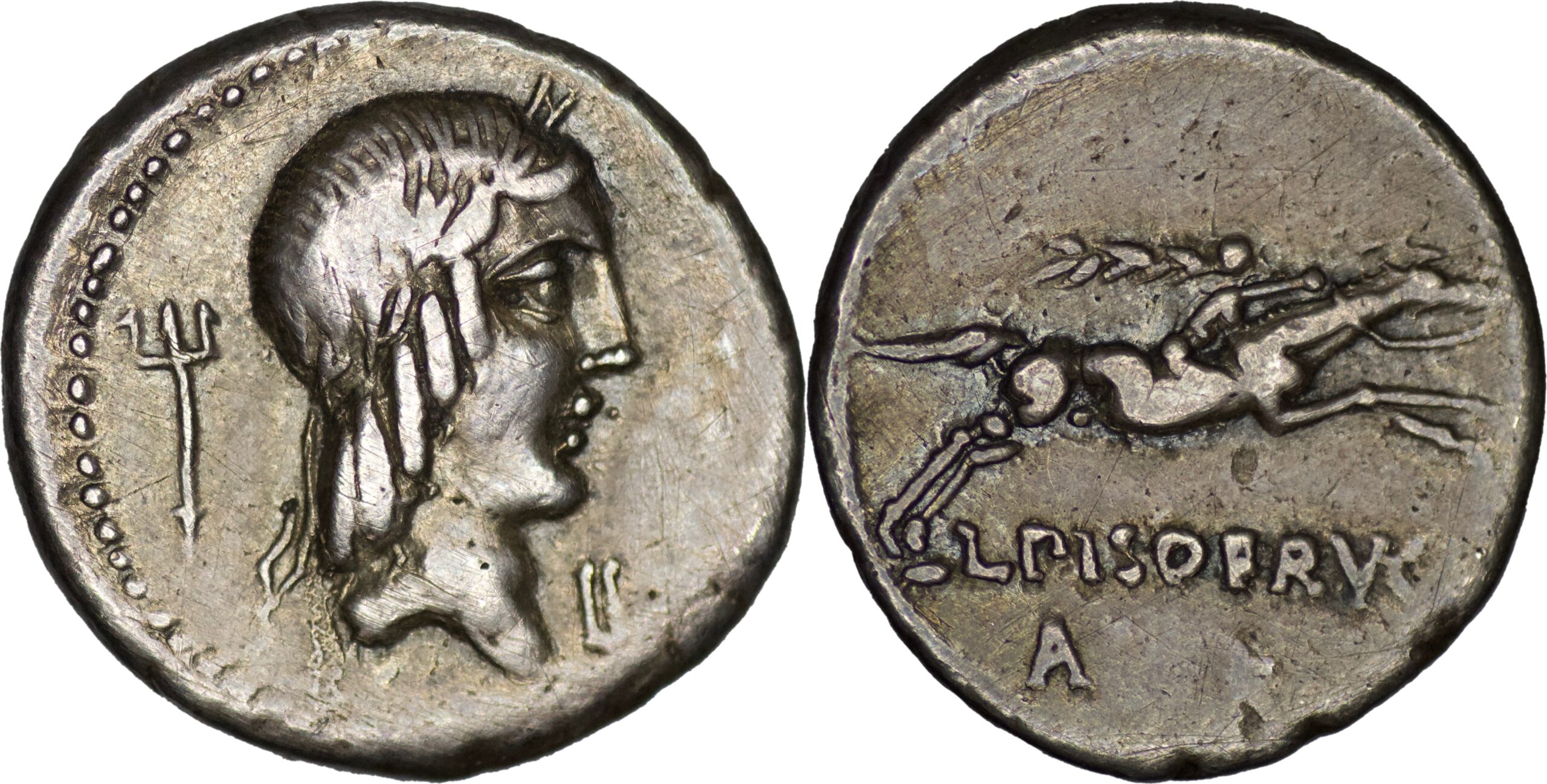 Roman Republic. L. Calpurnius Piso Frugi. 90 BC. AR Denarius. Rome mint.