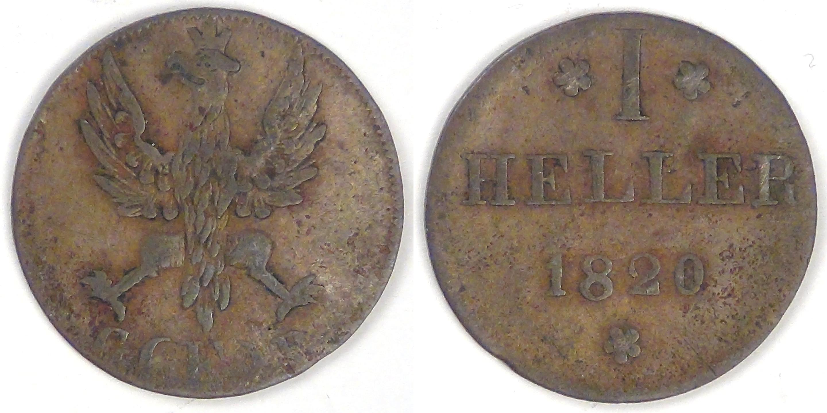 GERMANY - Frankfurt, Free City, 1820 F, Heller, Very Fine | European Coins