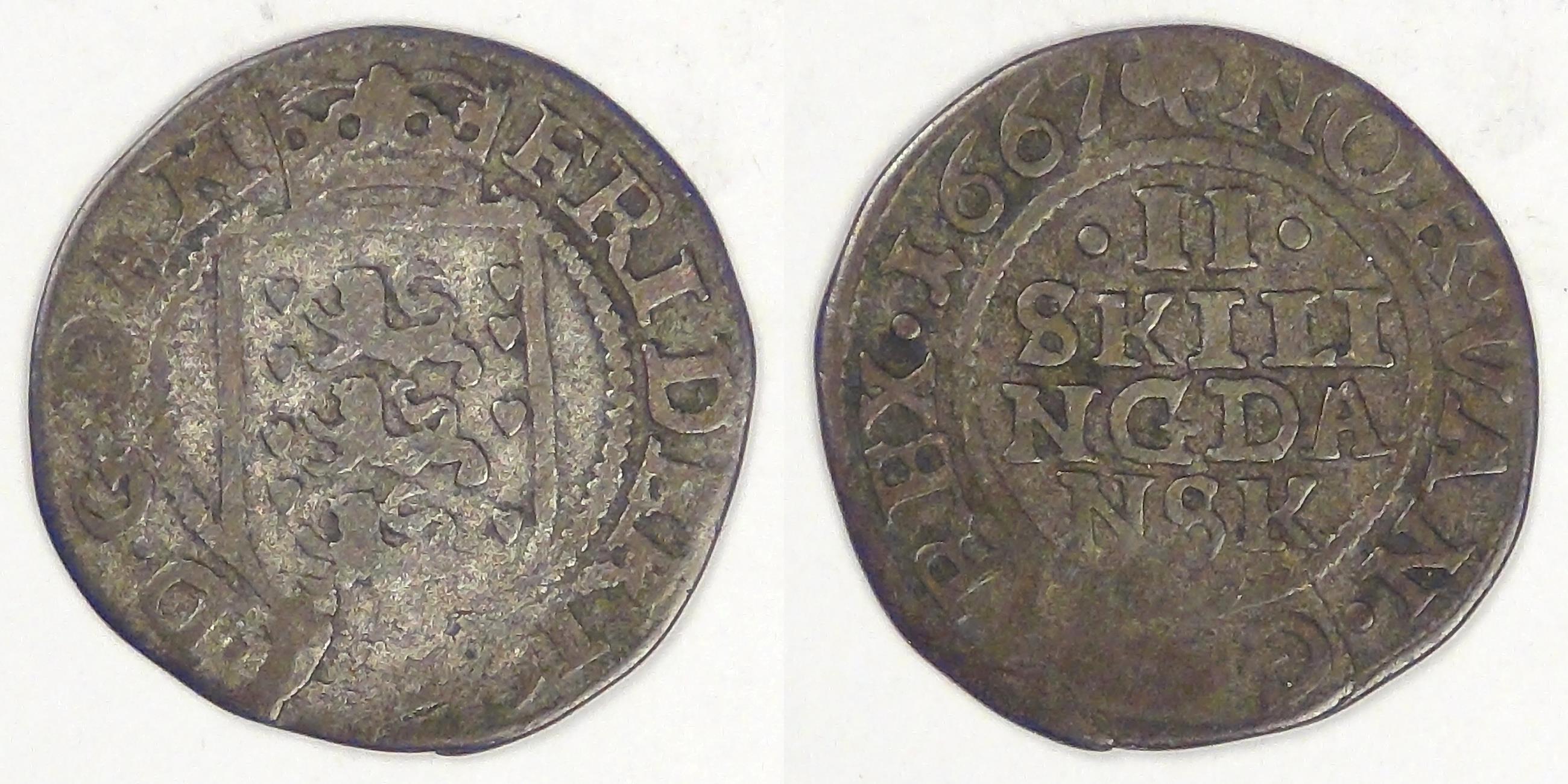 DENMARK, Frederik III, 1667 ☘, 2 Skilling, Choice Fine | European Coins
