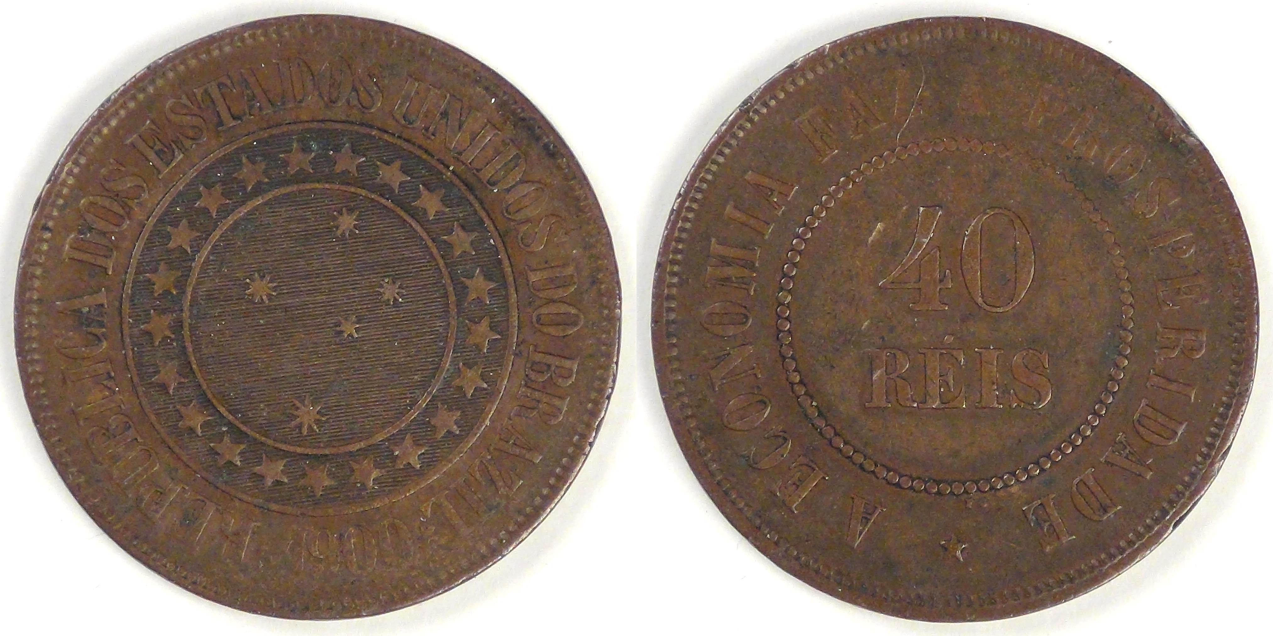 BRAZIL - Republic, 1900, 40 Réis, Choice VF | South American Coins