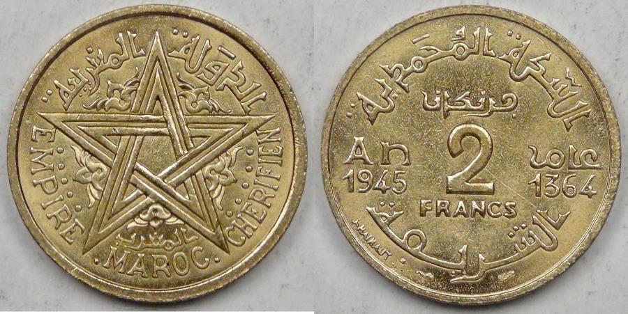 MOROCCO - French Protectorate, AH1364-1945 (a), 2 Francs, Brilliant ...