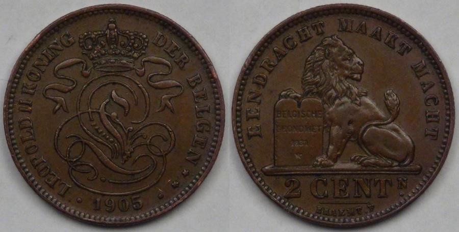 BELGIUM, Leopold II, 1905, 2 Centimes, Extra Fine | European Coins