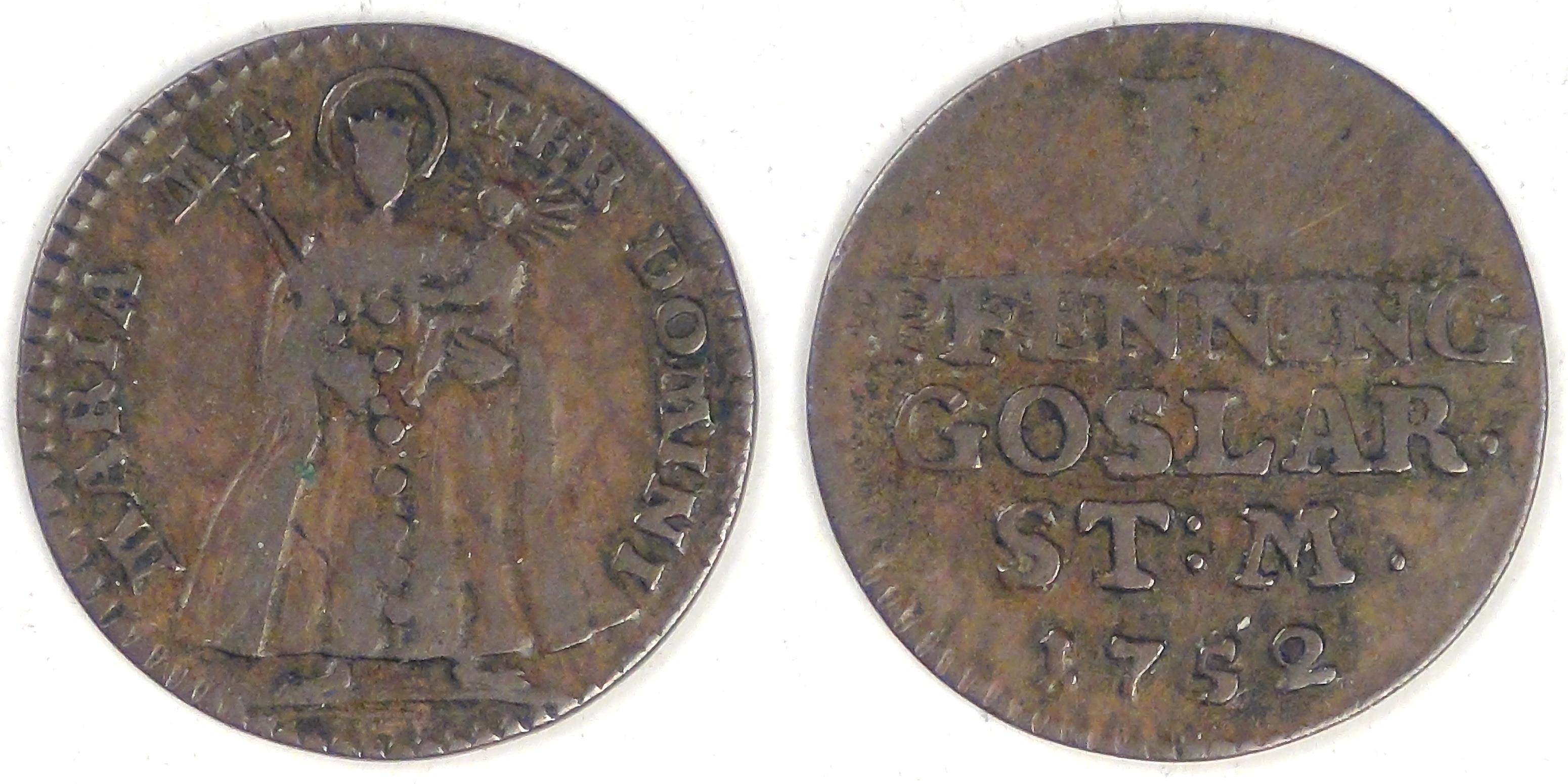 GERMANY - Free City of Goslar, 1752 Pfennig, Very Fine | European Coins