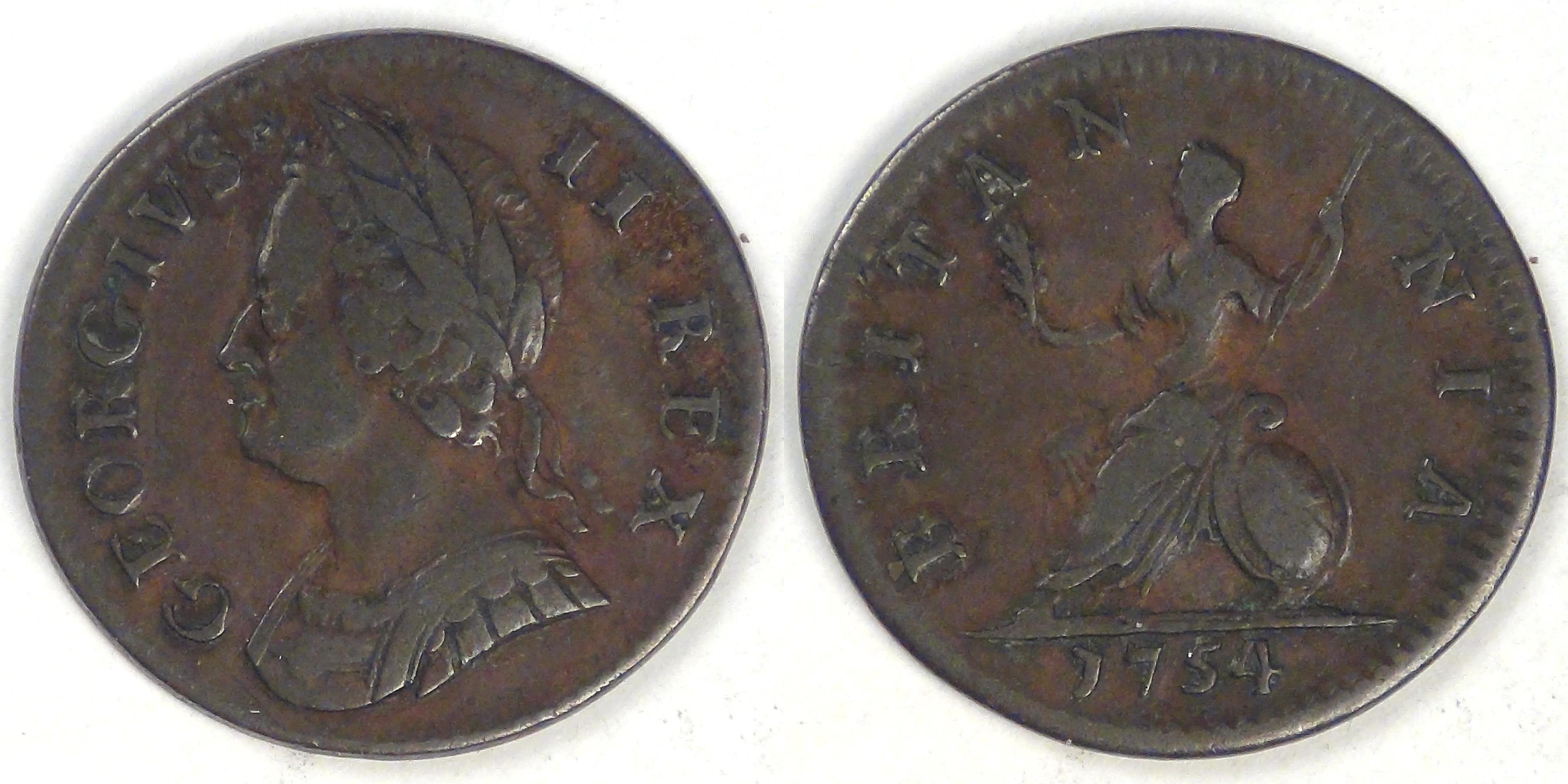 GREAT BRITAIN, George II, 1754 Farthing, Choice Very Fine | European Coins