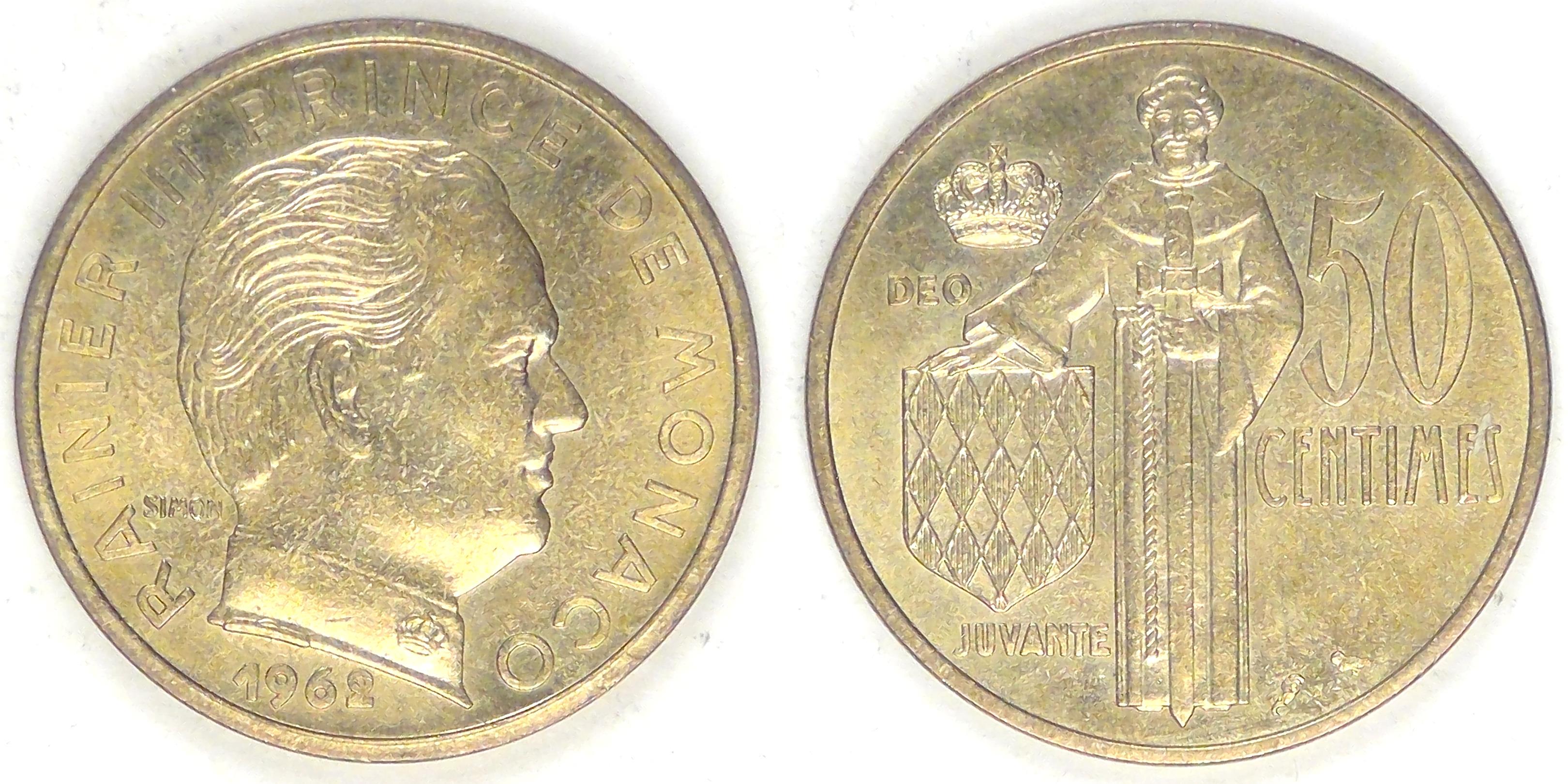 MONACO - Principality, Rainier III, 1962, 50 Centimes, Choice BU