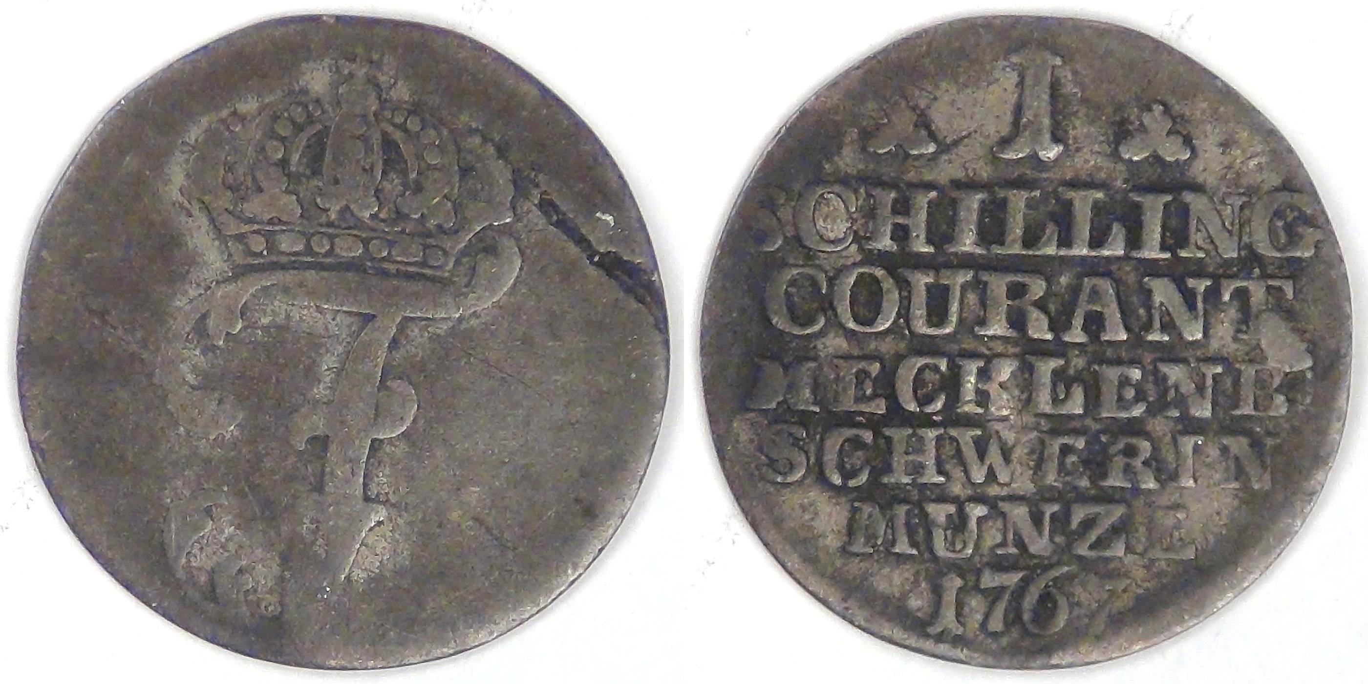 GERMANY - Mecklenburg-Schwerin, Friedrich II “The Pious, 1767 Schilling Courant, about Fine / VF