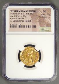 WESTERN ROMAN EMPIRE, Valentinian II (375-392 AD), Gold Solidus, graded ...