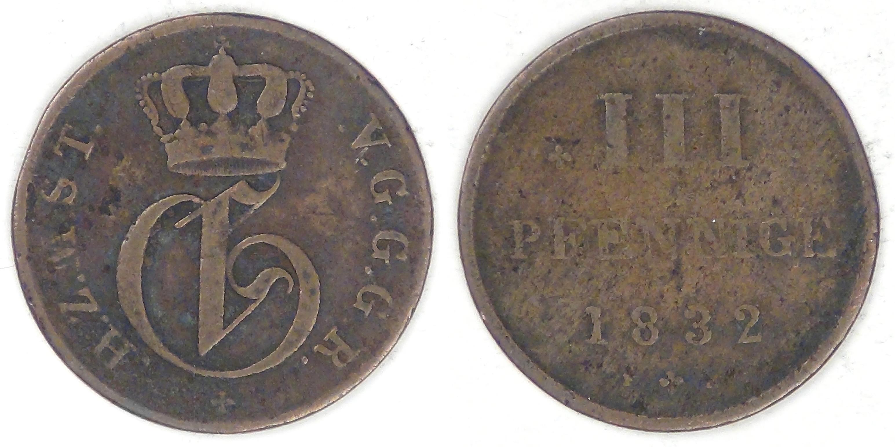 GERMANY - Mecklenburg-Strelitz, Georg, 1832 FN, 3 Pfennige, about Fine