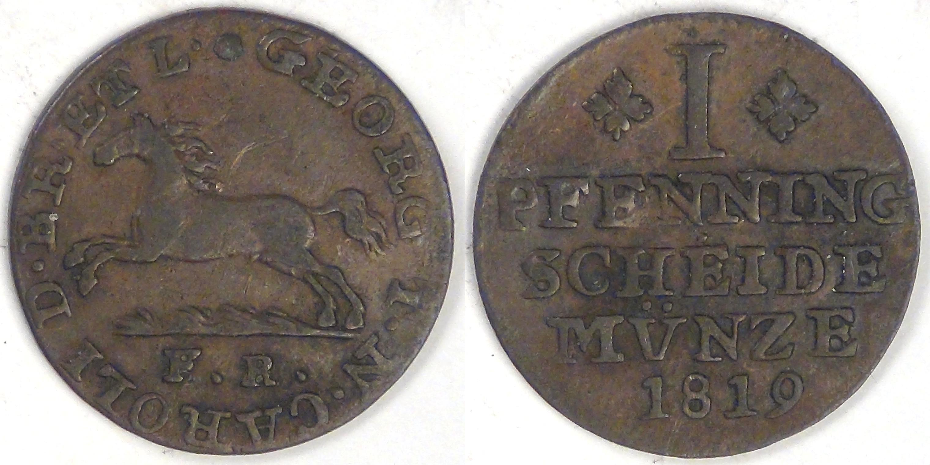 GERMANY - Duchy of Brunswick, George IV, 1819 FR, Pfenning, Very Fine