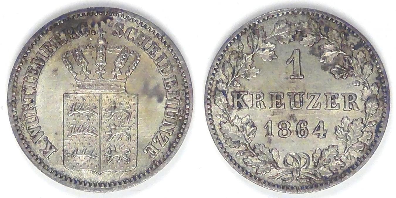 GERMANY - Württemberg, Wilhelm I, 1864 Kreuzer, Choice AU | European Coins