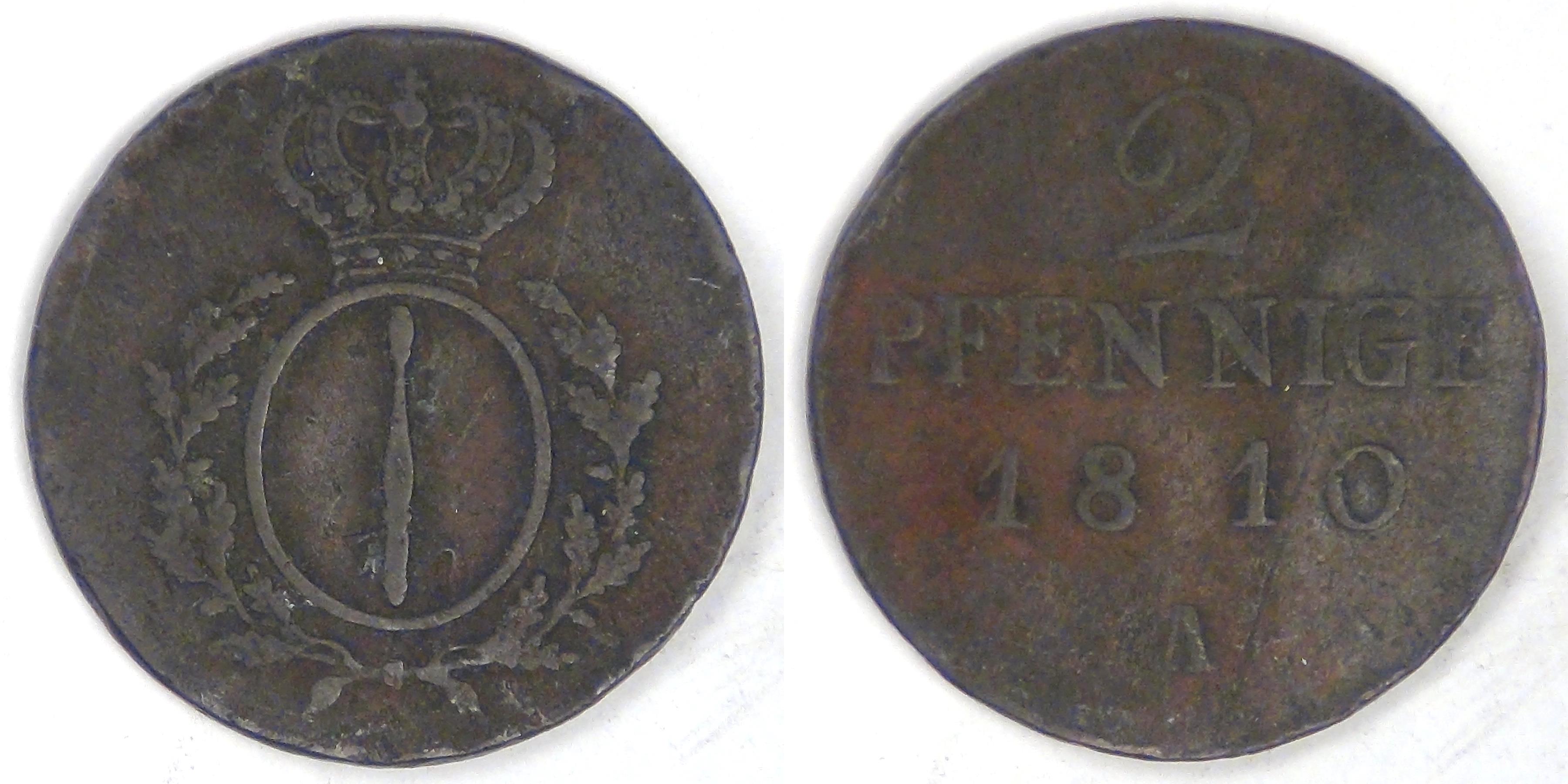 GERMANY - Prussia, Friedrich Wilhelm III, 1810 A, 2 Pfennige, Fine