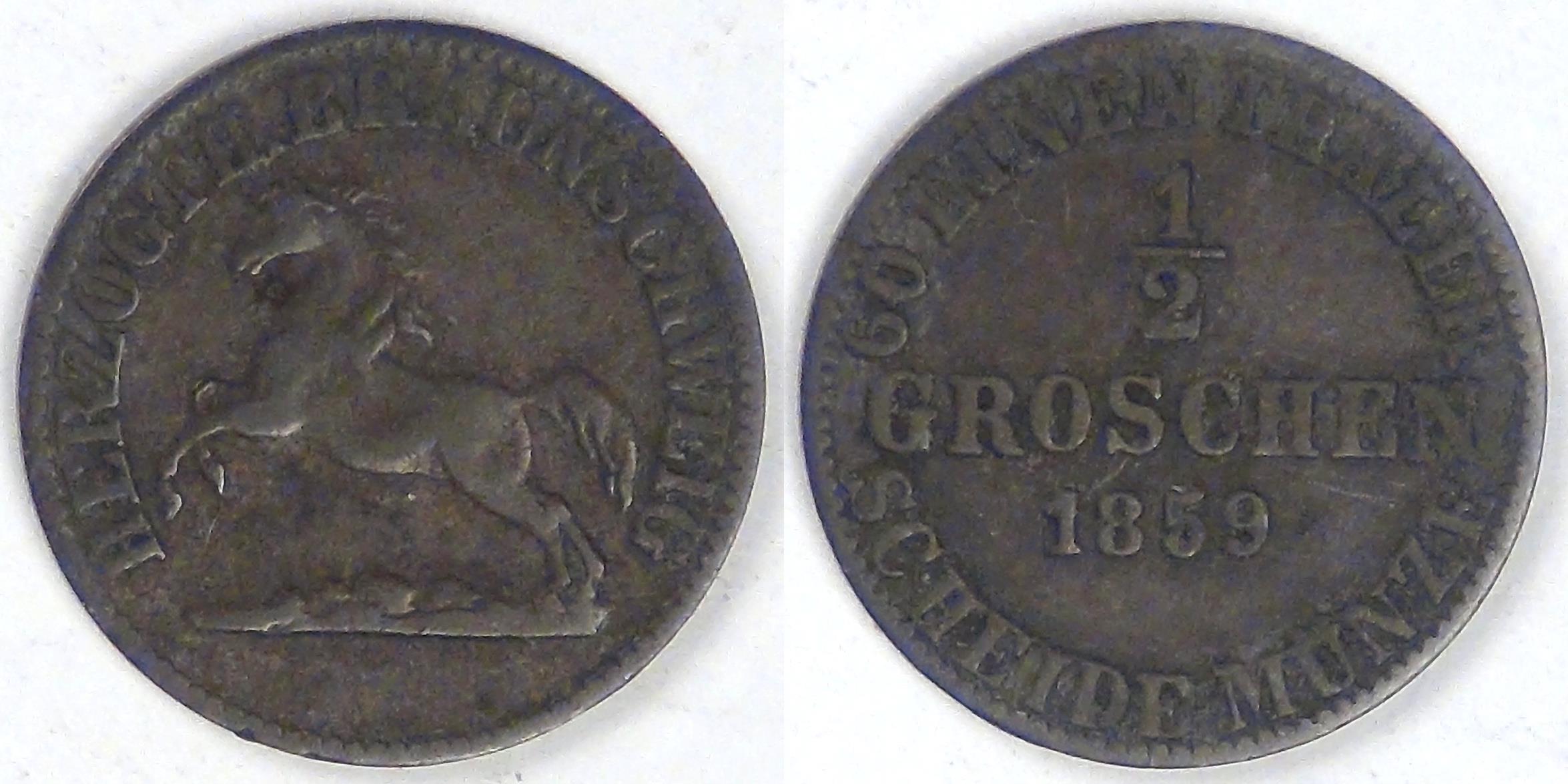 GERMANY - Duchy of Brunswick, Wilhelm VIII, 1859, ½ Groschen, Choice VF