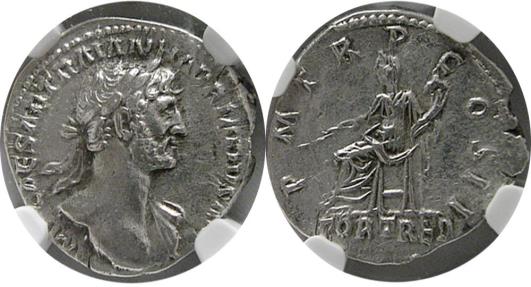 ROMAN EMPIRE; Hadrian, 117-138 AD. AR Denarius. NGC-XF. Rome, AD 118 ...