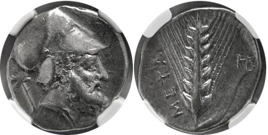 LUCANIA. Metapontum. Circa 340-330 BC. AR Stater. NGC-VF. Bearded head ...