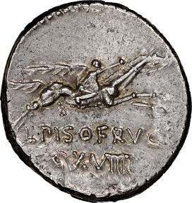 L.C. PISO FRUGI - AR DENARIUS – 90 BC - Obv. ANEPIGRAPH - Laureate head ...
