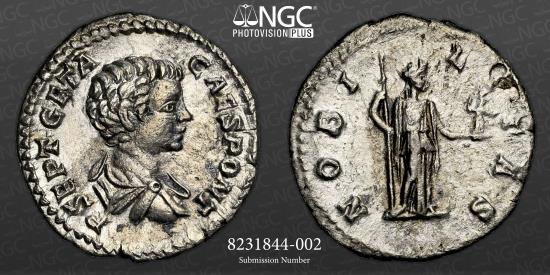 Geta, as Caesar - NGC Ch XF 5/5 2/5 - (AD 209-211). AR Denarius 19mm, 2 ...