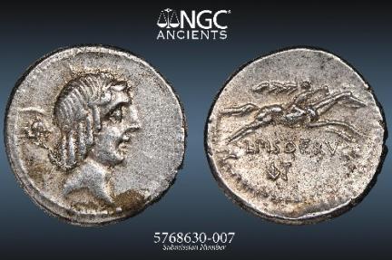 L. Piso Frugi. Denarius - circa 90, AR 19mm., 4.05g. Laureate head of ...