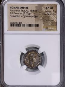 ANTONINUS PIUS - (138-161). Denarius. Rome. Modius with four grain ears ...