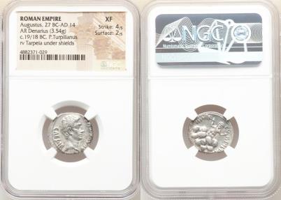 Augustus VERY Rare Issue– NGC XF 4/5 2/5 AR Denarius(3.78 g) 19/18 BC ...