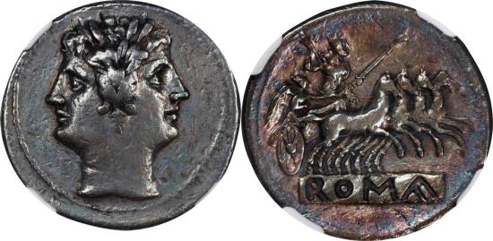 ROMAN REPUBLIC. Anonymous SCARCE “INCUSE ROMA” NGC VF 5/5 3/5. AR ...