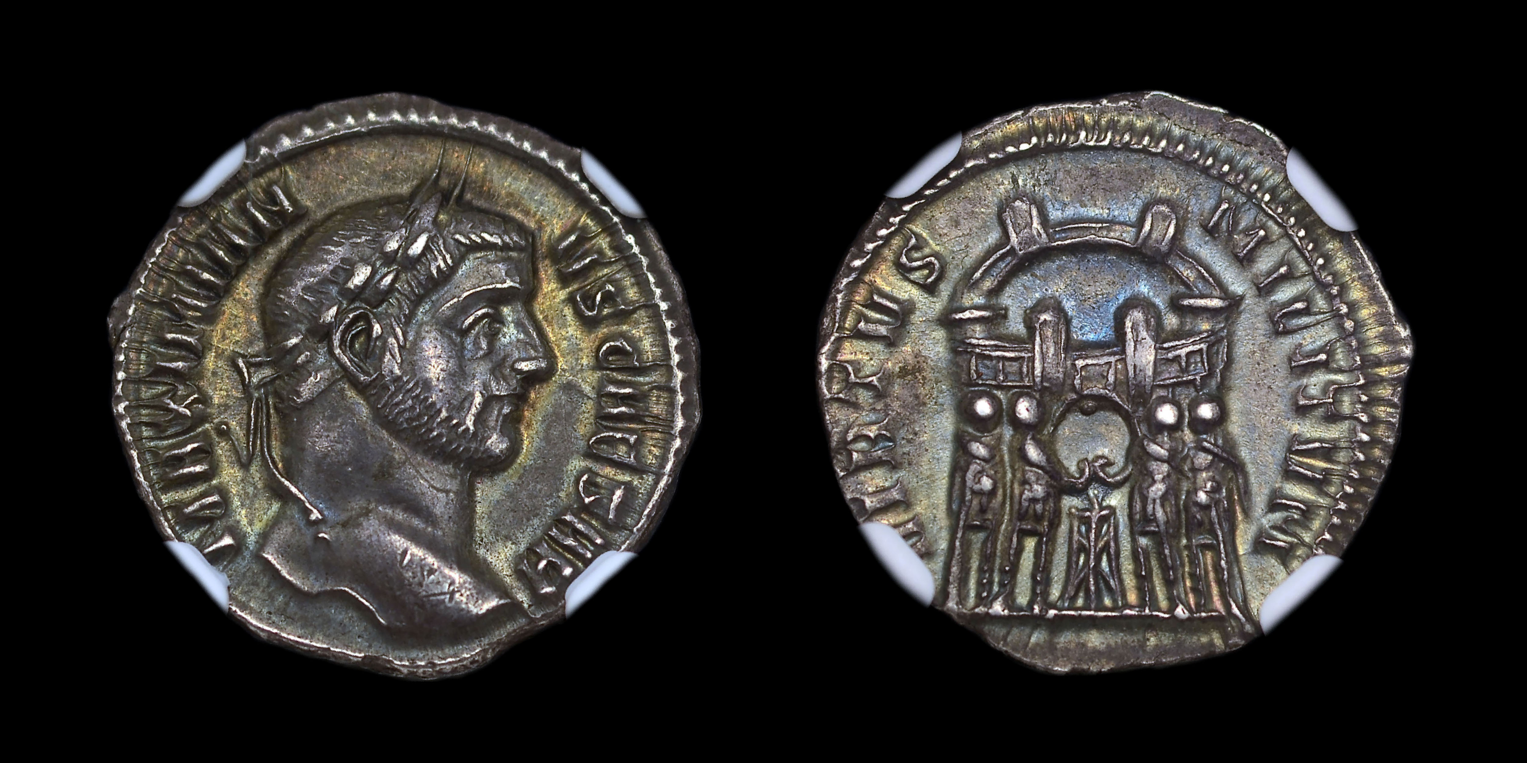 GALERIUS AS CAESAR, SILVER ARGENTEUS, TICINIUM MINT, NGC CHOICE AU
