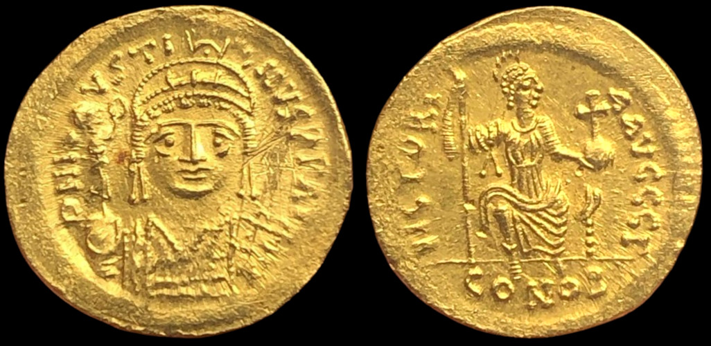 Justin II. AD 565-578.AV Solidus. Carthage mint. | Byzantine Coins